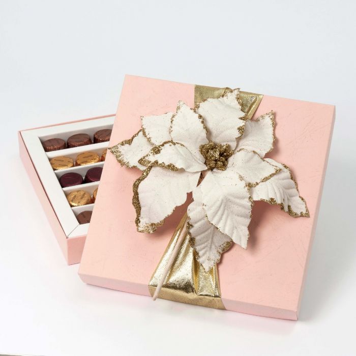 Caja rosa palo 30 bombones Poinsettia blanca 20x20x3cm.* | Mopec